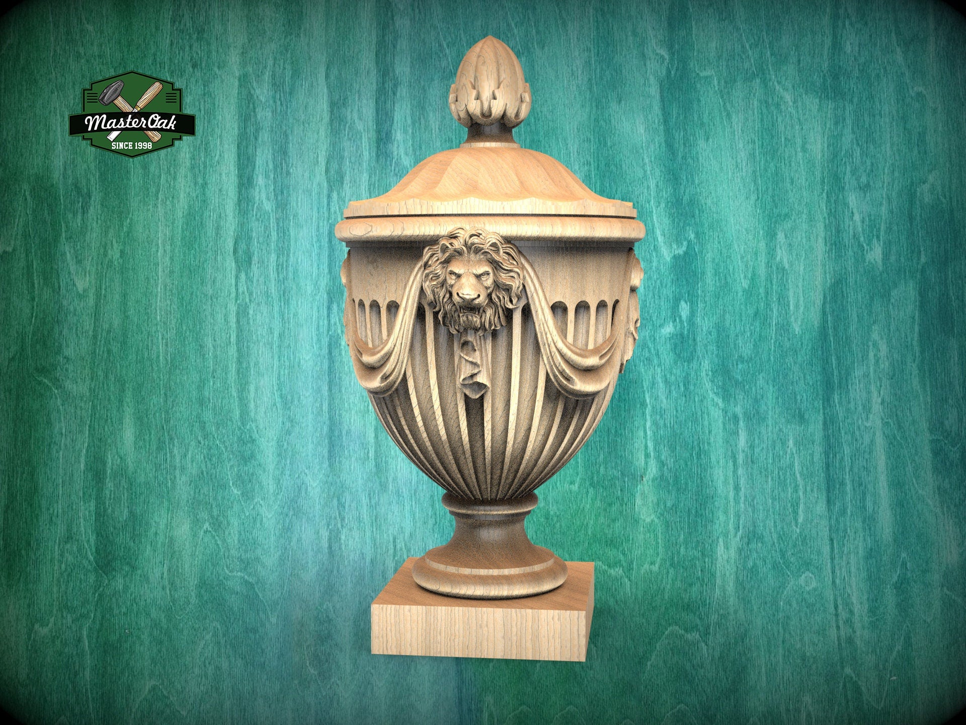 Handcrafted Wooden Classical Urn with Lion's Head Relief - Decorative